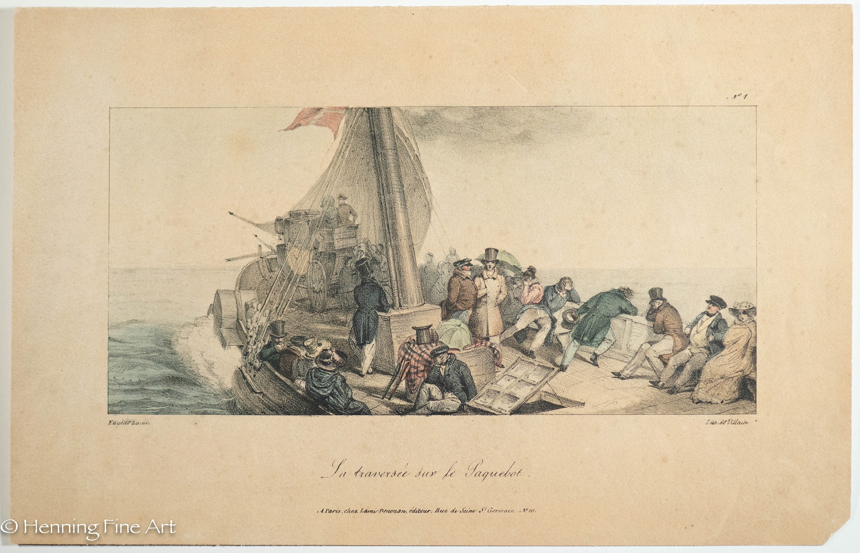 Rare Antique French Lithograph of Eugene Lami Seascape on Ocean Liner ...