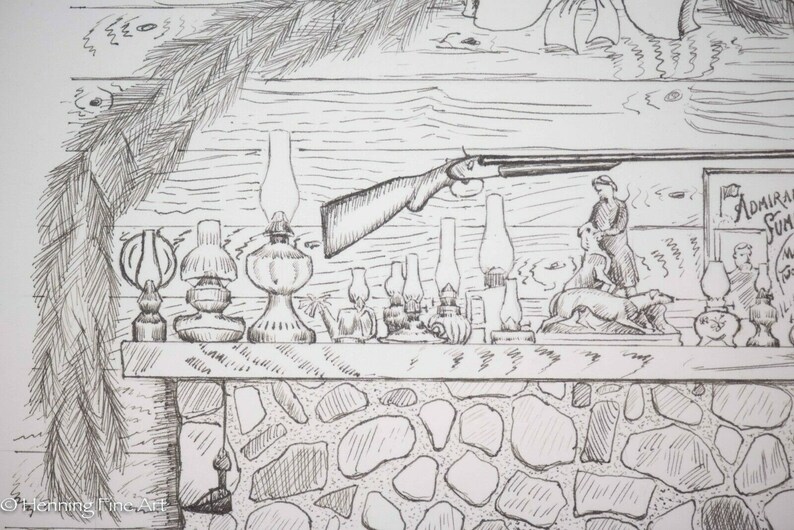 Original Ink Drawing of Christmas Scene W/ Fireplace Antique | Etsy