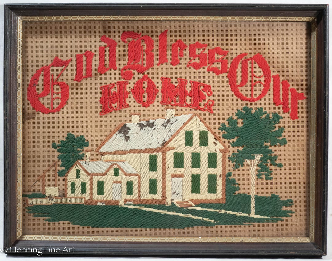 Antique Stitched Victorian God Bless Our Home Original Wood Frame 17 X ...