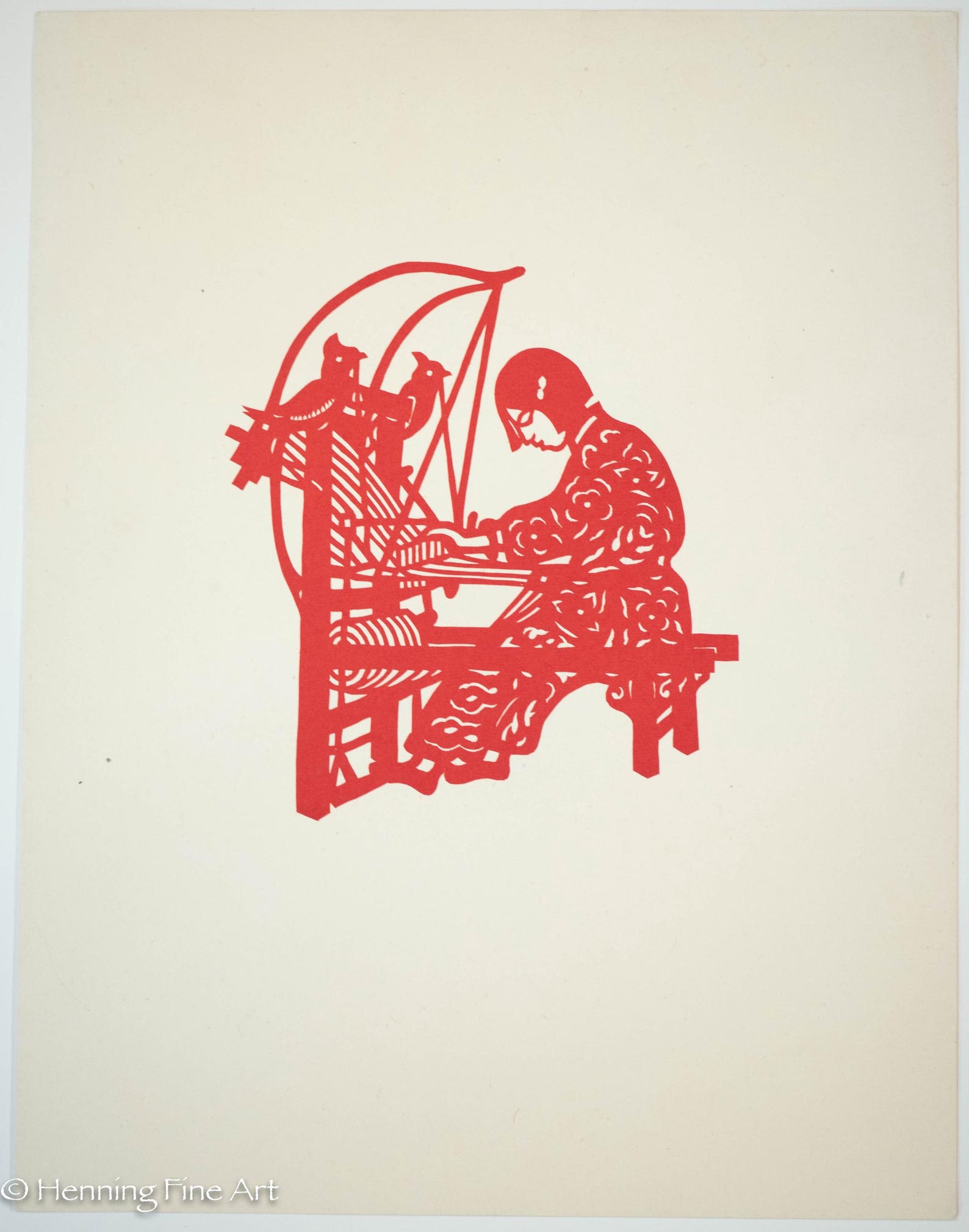 Vintage Chinese Silhouette Paper Cutting of Woman Weaving a Rug ...