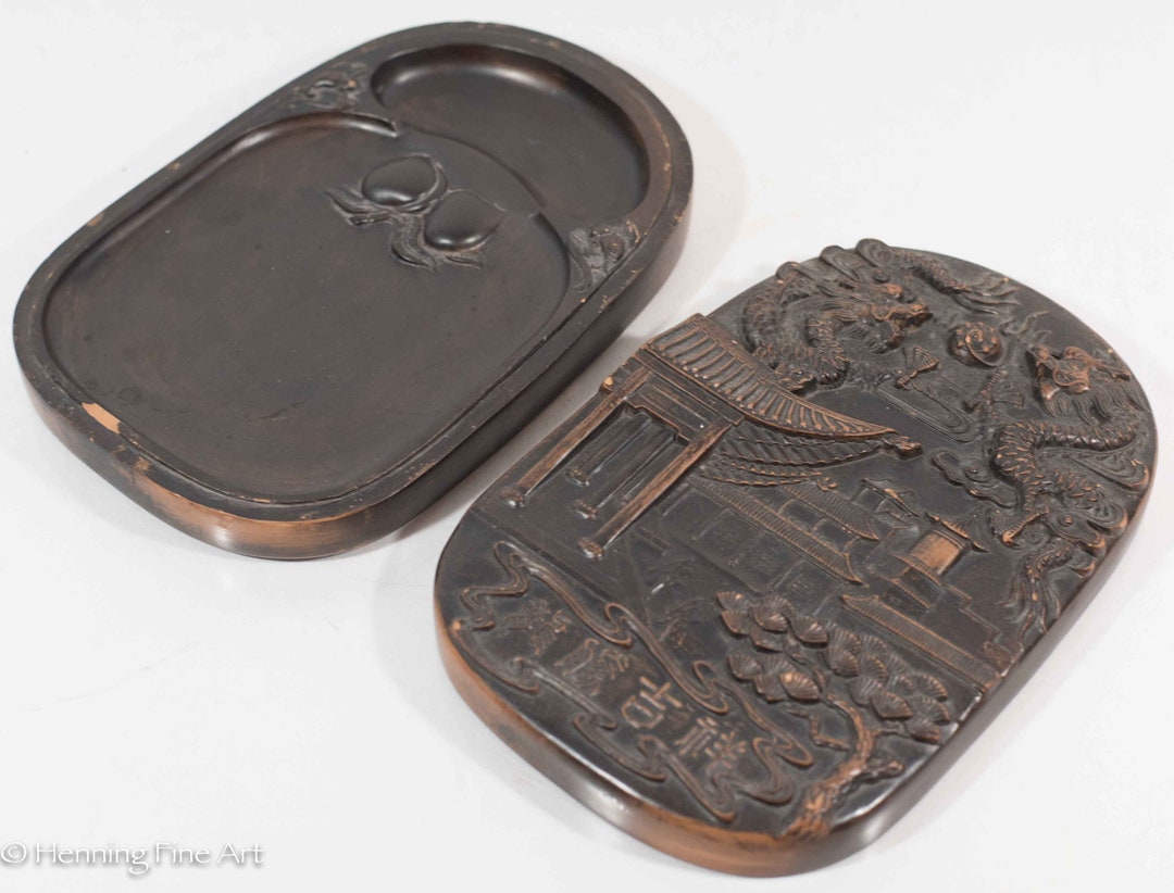 Beautiful Antique Chinese Lidded Chengni Ink Stone With Ornate Carving ...