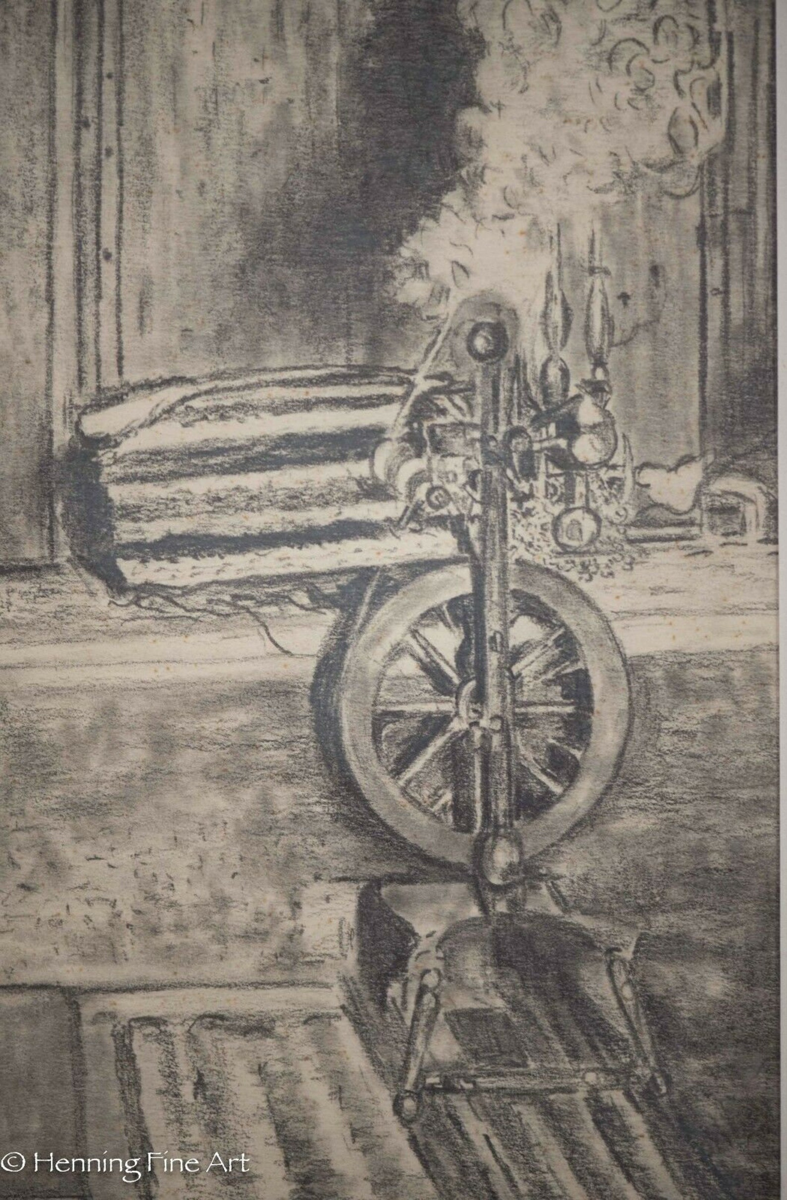Antique German Pencil Drawing of Old Interior With Antique Clock ...