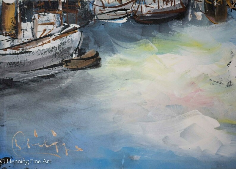 Beautiful Original Acrylic Painting of Busy Docked Boat Harbor ...