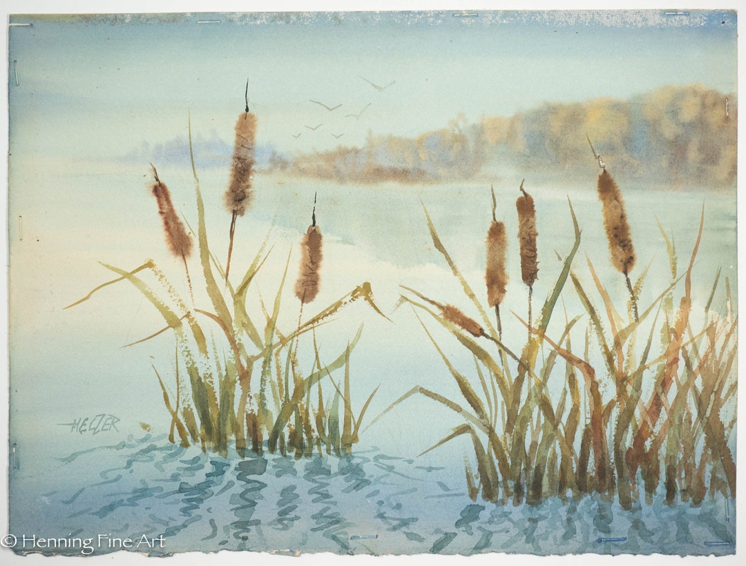 Beautiful Thomas Helzer Watercolor Painting of Cattail Reeds ...