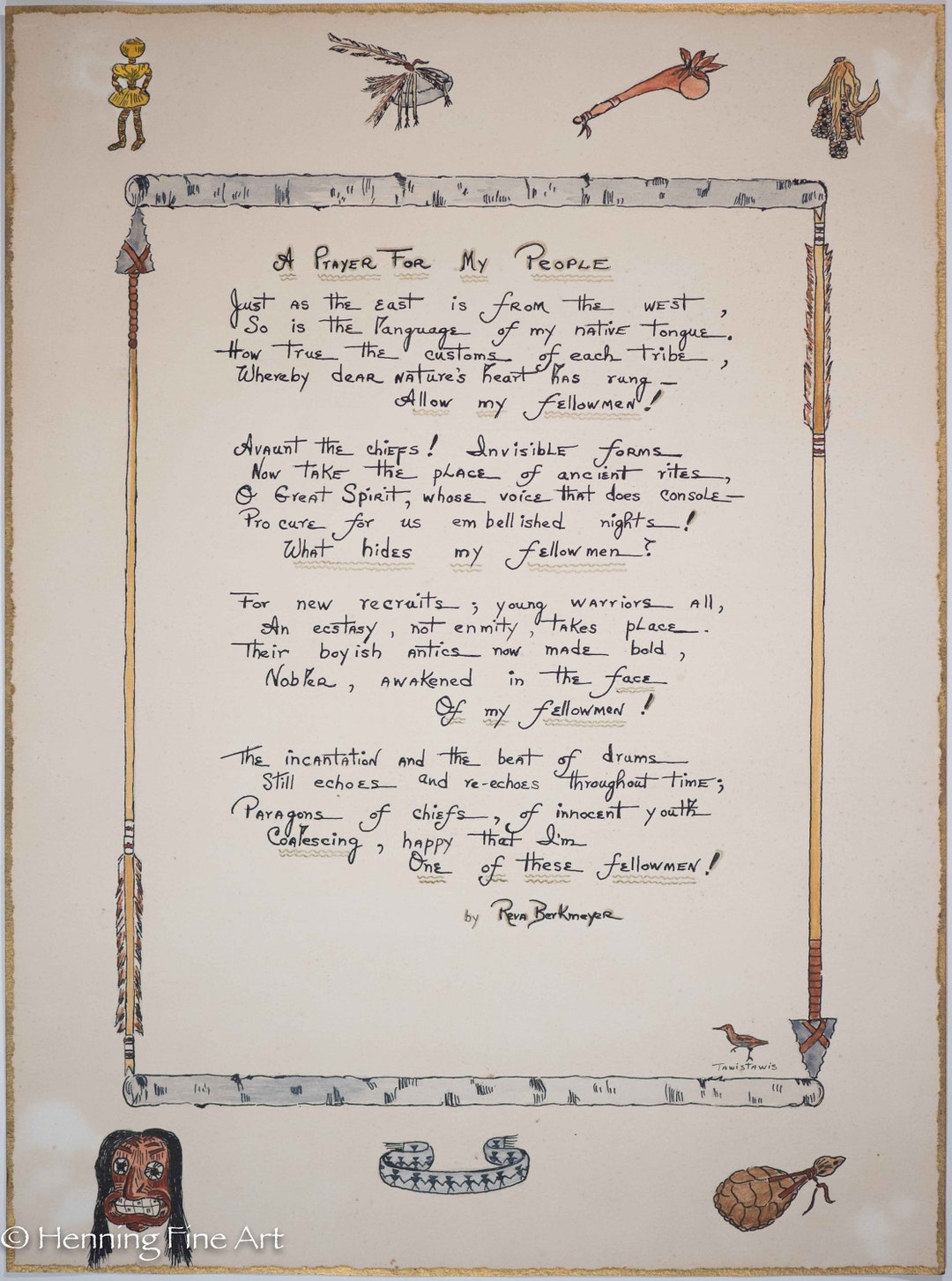 Fine Seneca Native American Hand Written Poem and Watercolor by Reva ...