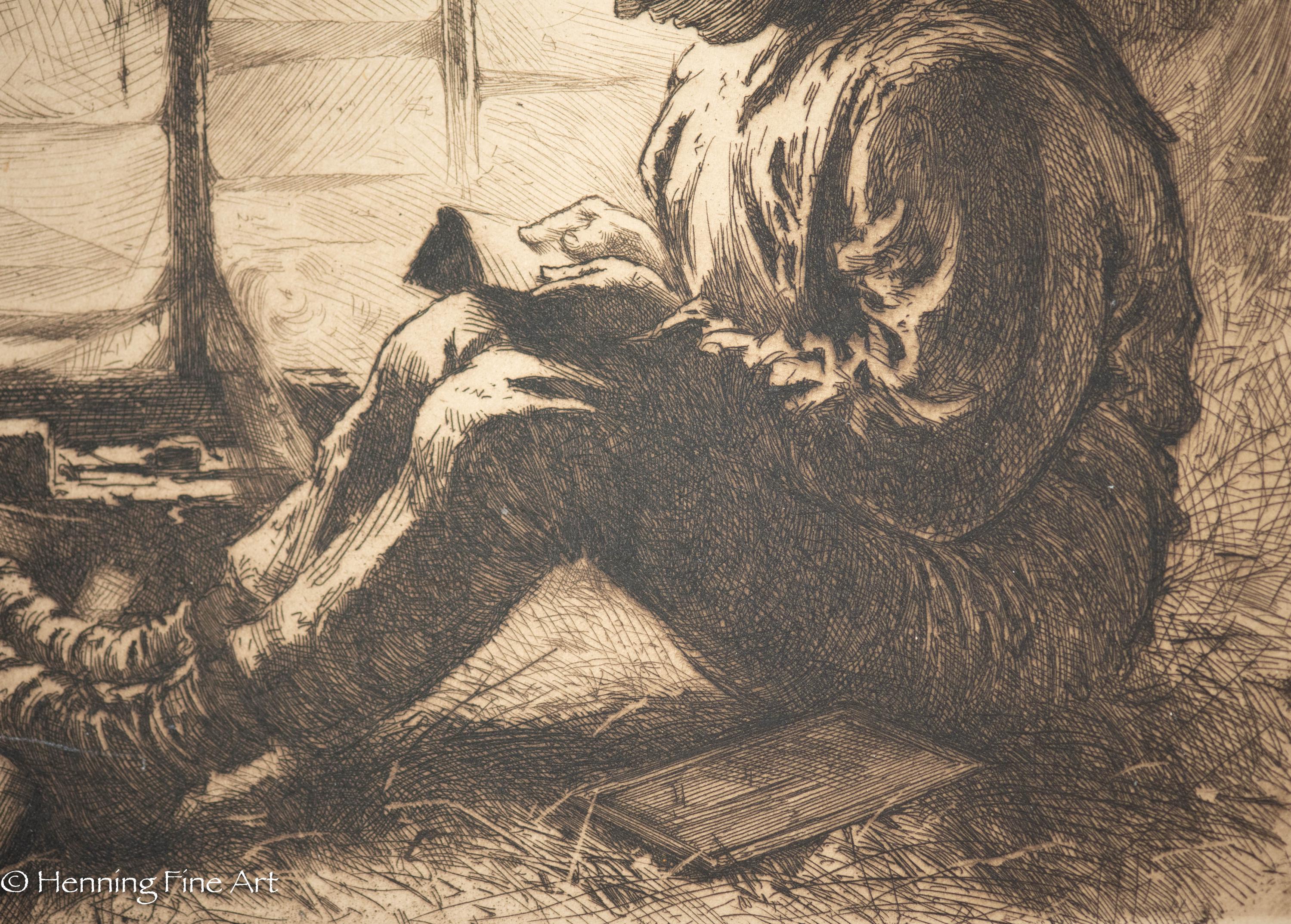 Lovely Antique Etching of Boy Reading, Fine Impression! - Etsy