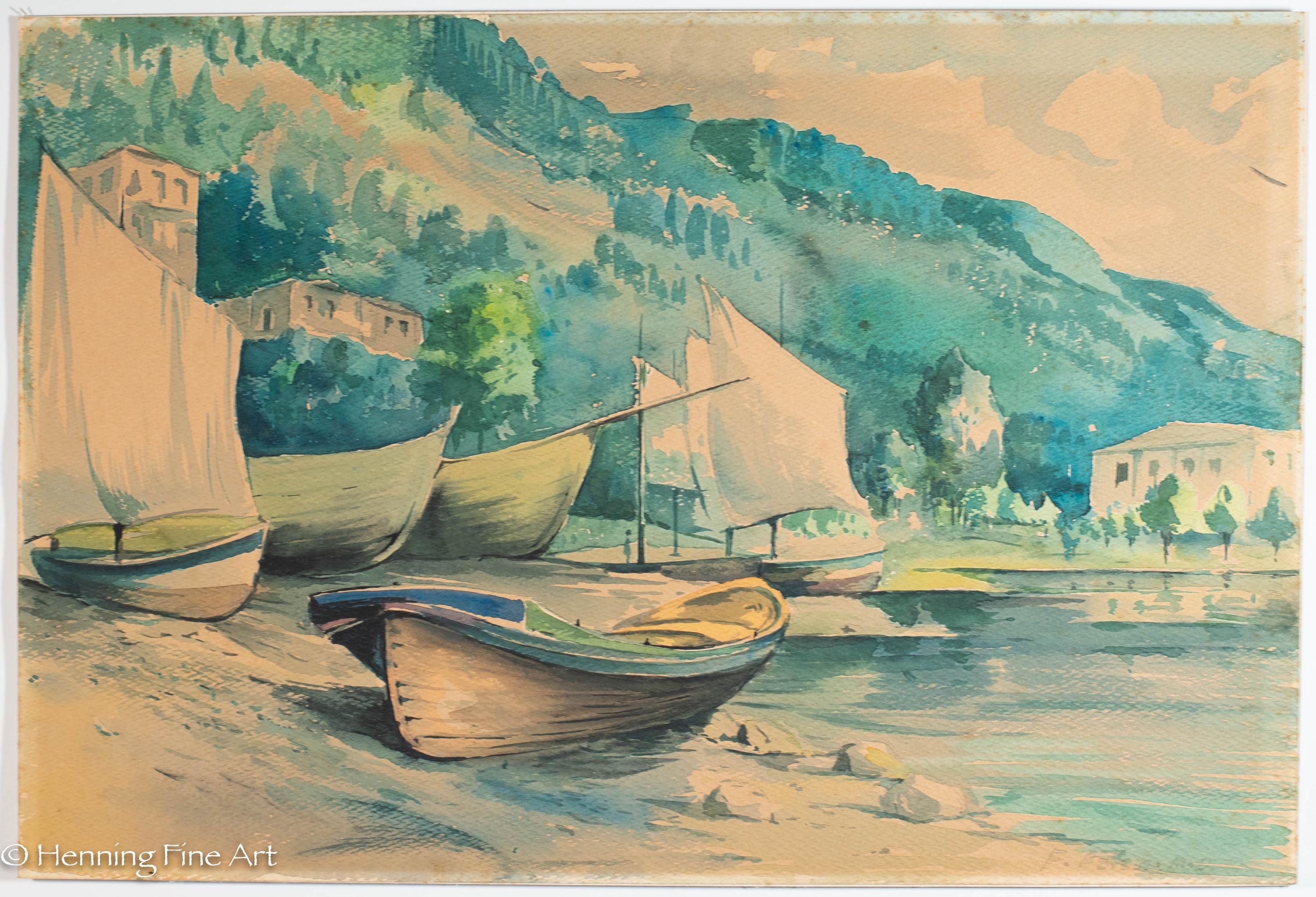Antique Watercolor Painting of European Coastal Landscape W/ Boats ...