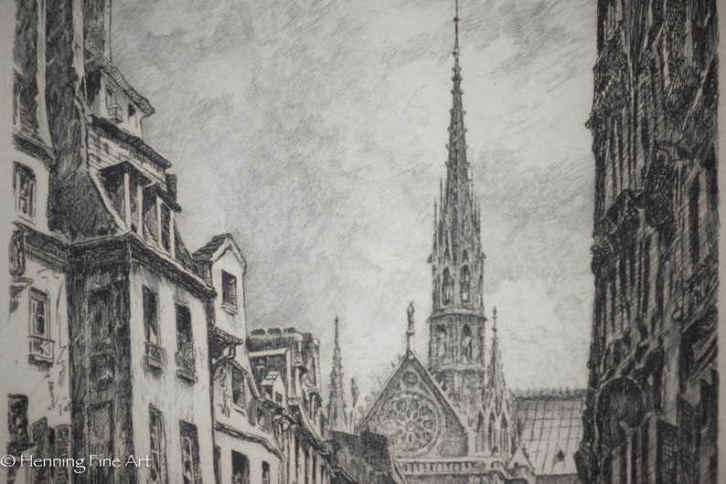 Beautiful Vintage Etching Parisian Cityscape With Chartres Cathedral ...