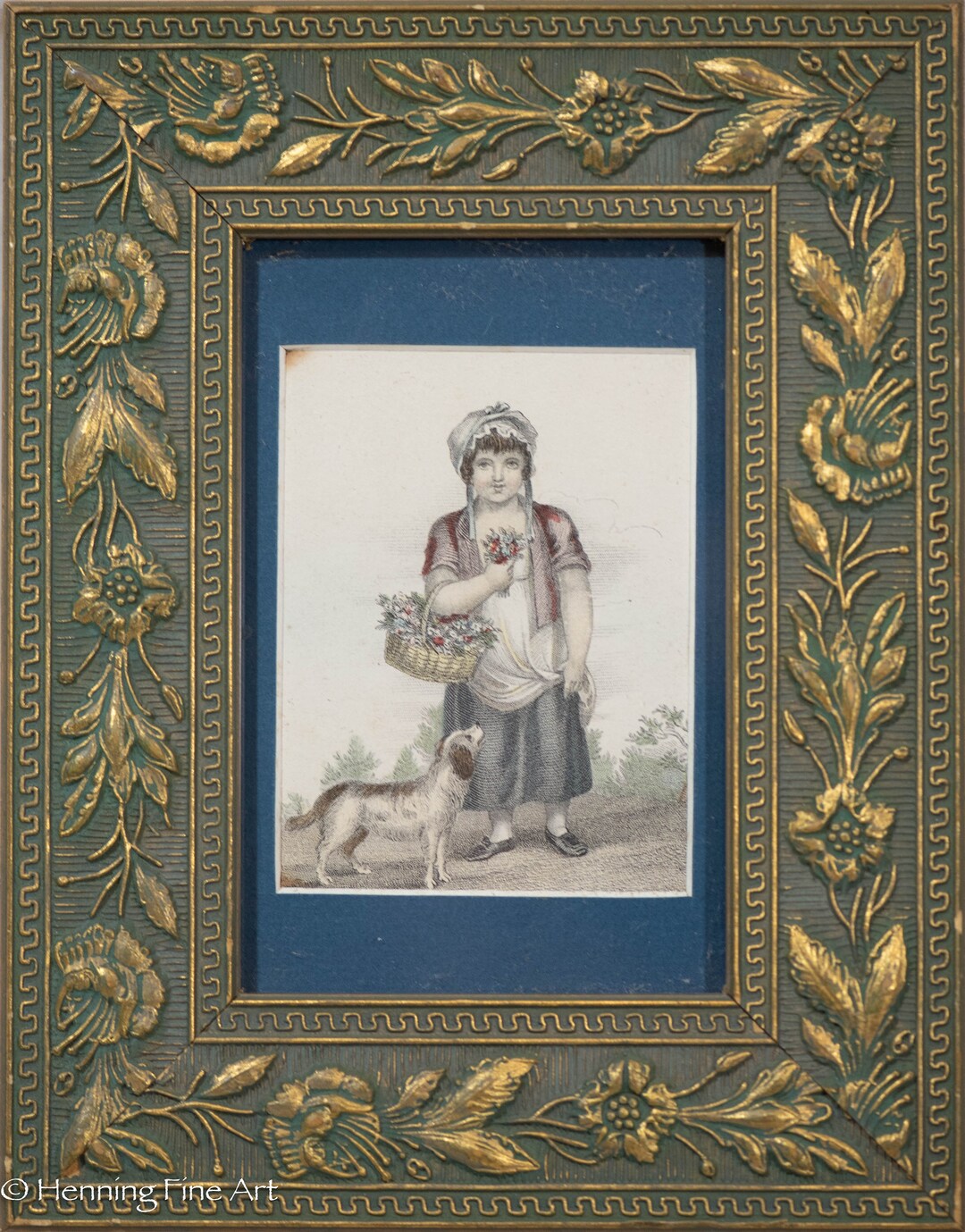 Cute Antique Engraving of Litttle Girl With Dog and Flowers, Framed - Etsy