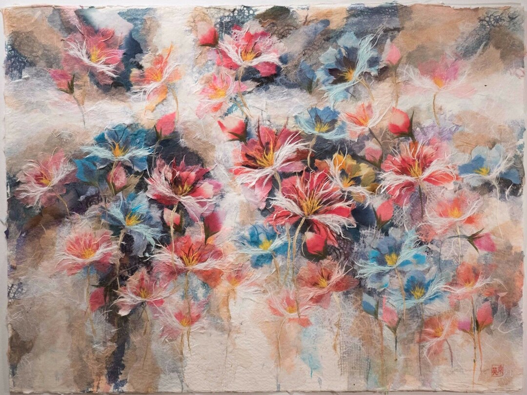 Large Chinese Tissue Paper Floral Collage, Signed & Chop Mark, STUNNING ...