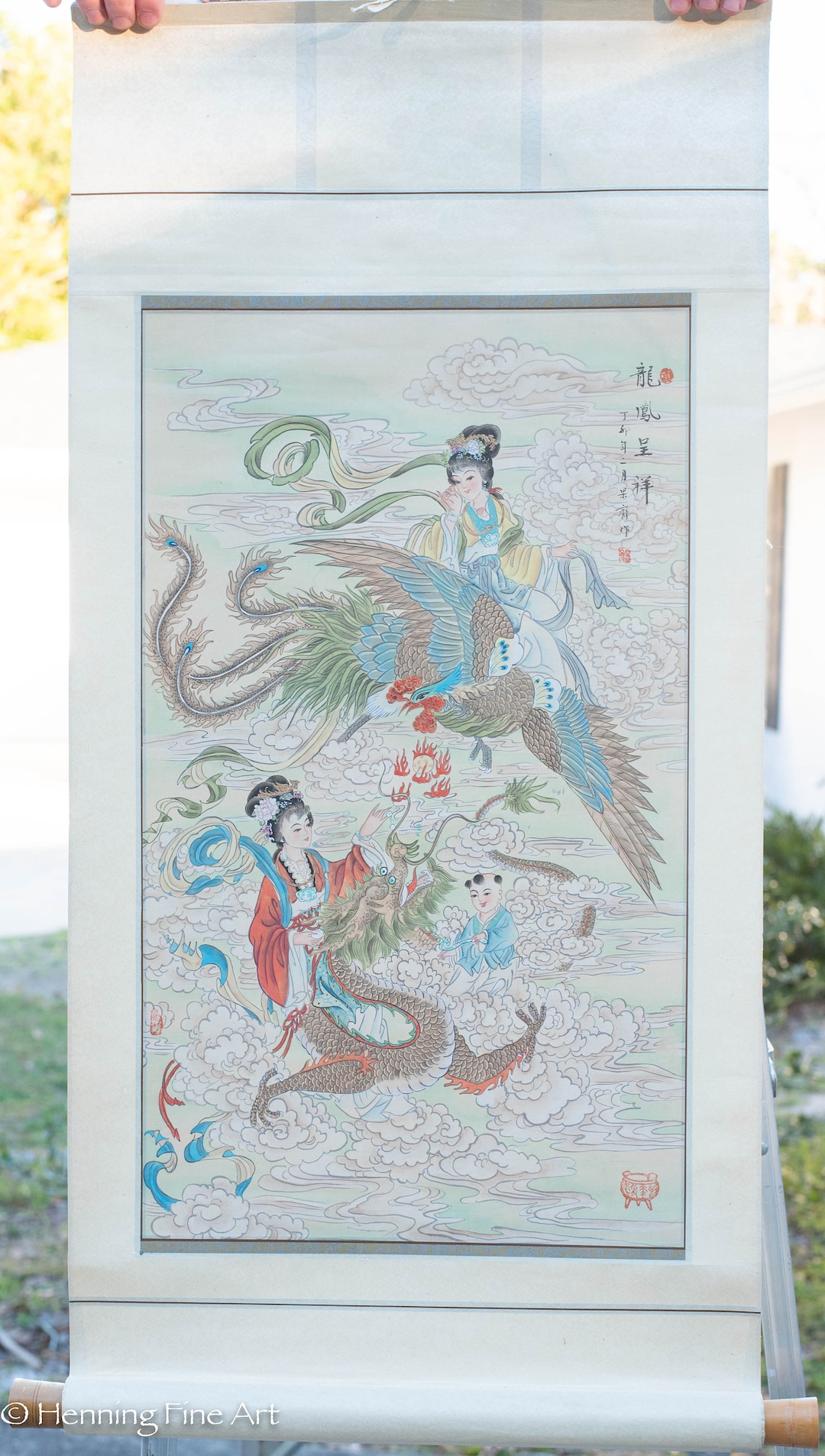 Beautiful Vintage Asian Scroll Painting Goddess on Bird and Dragon 37 X ...