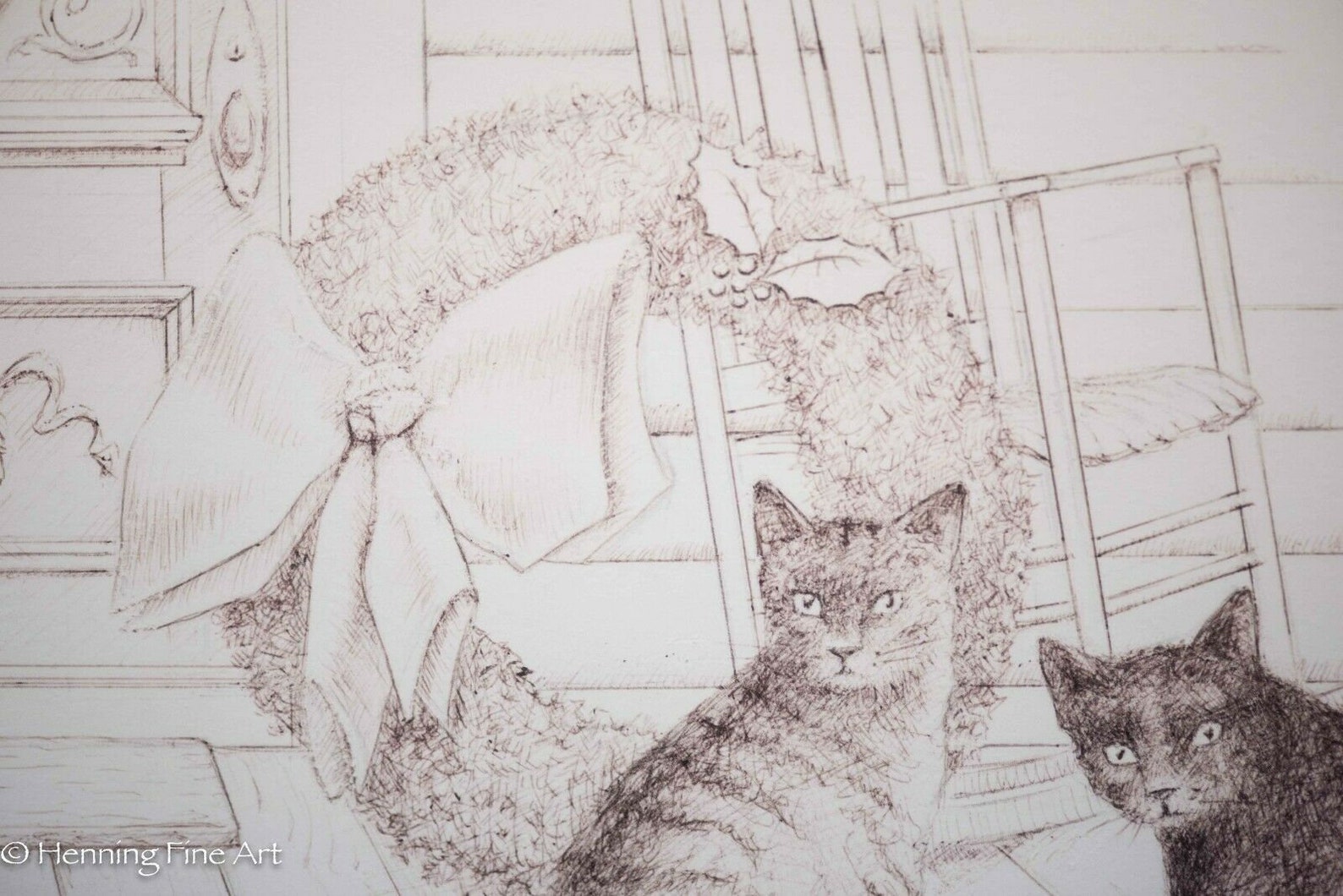 Original Ink Drawing of Christmas Farm Scene With Cats & Old - Etsy