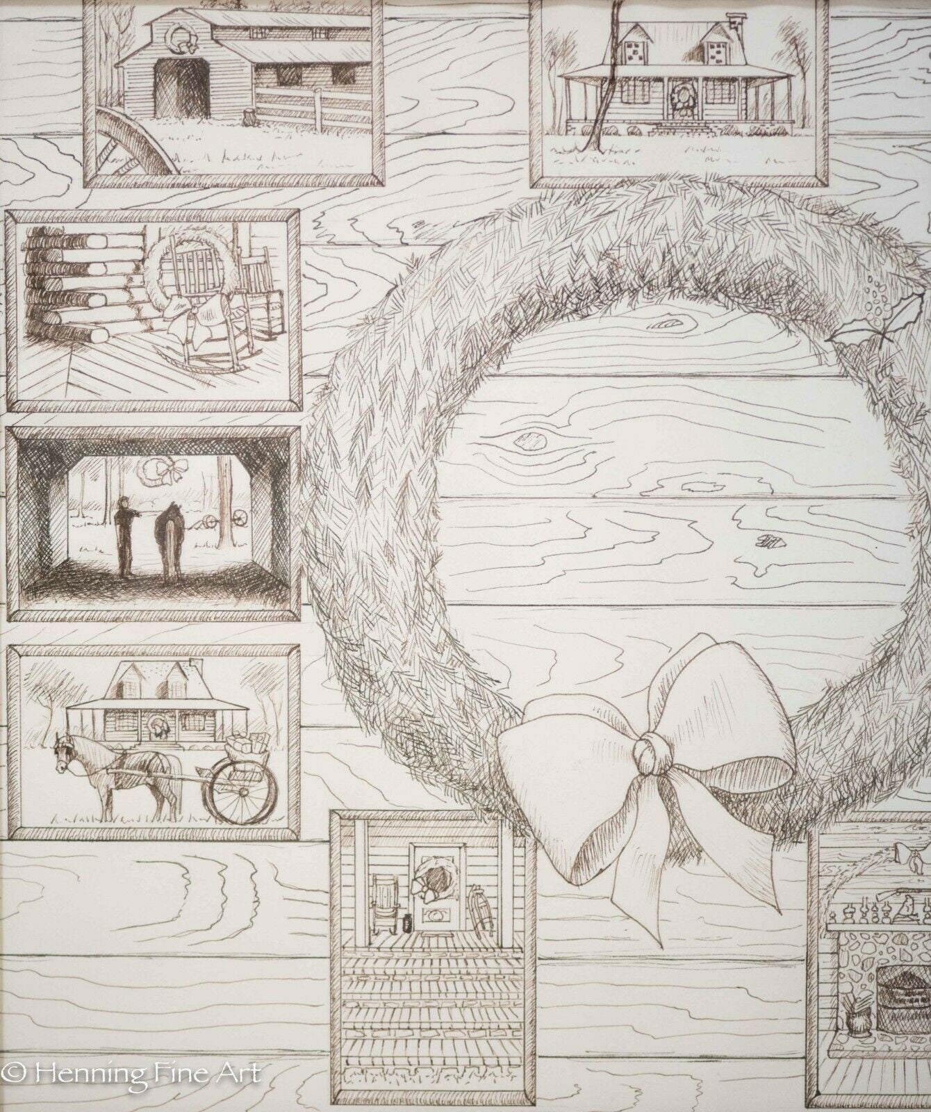 Original Ink Drawing of Christmas Scene with Wreath & - Etsy.de