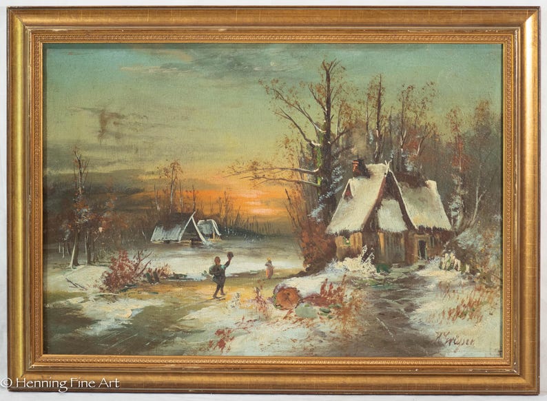 Beautiful Antique German Winter Sunset Landscape, Signed, Framed ...