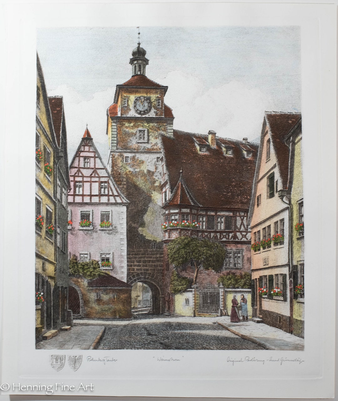 Beautiful Vintage German Village Scene Etching Illegibly Signed, Large ...