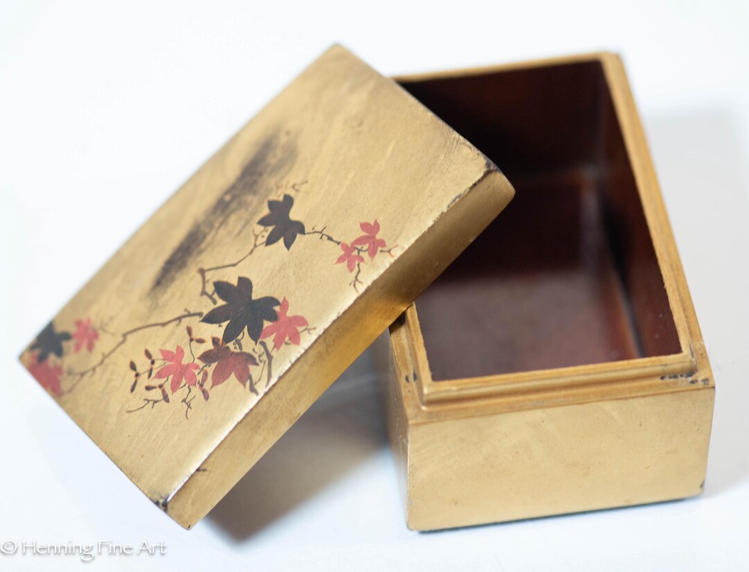 Gorgeous Antique Japanese Gold Lacquerware Box With Red Leaf Painting ...