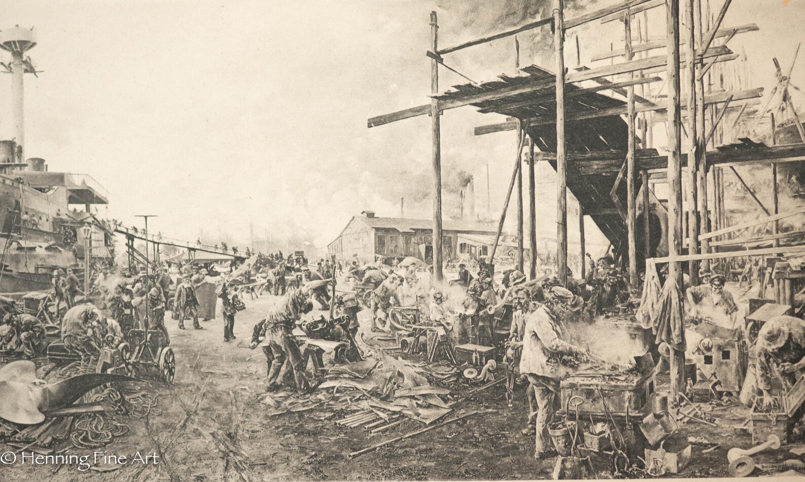 Rare Antique Photogravure Navy Yard Constructing HMS Oldenburg German ...