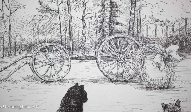 Original Ink Drawing of Christmas Farm Scene With Cats & Old | Etsy