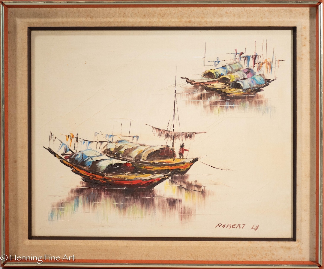 Beautiful Mid Century Impressionist Oil Painting Chinese Junk Ships by ...