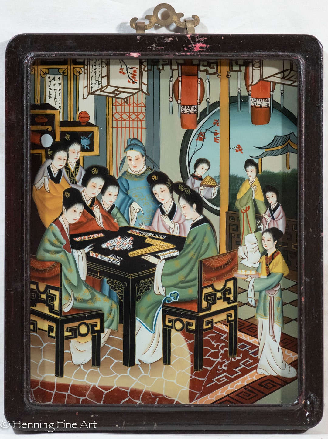 Beautiful Vintage Chinese Reverse Glass Painting Women Playing Mahjong ...