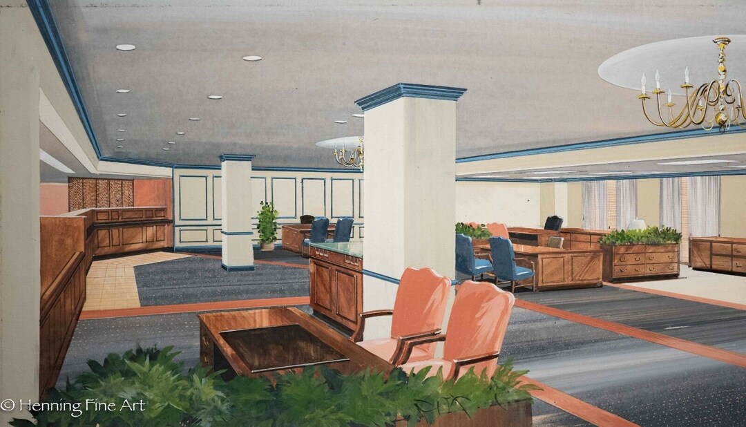 Vintage Architectural Painting of Lobby Interior, Excellent Quality ...
