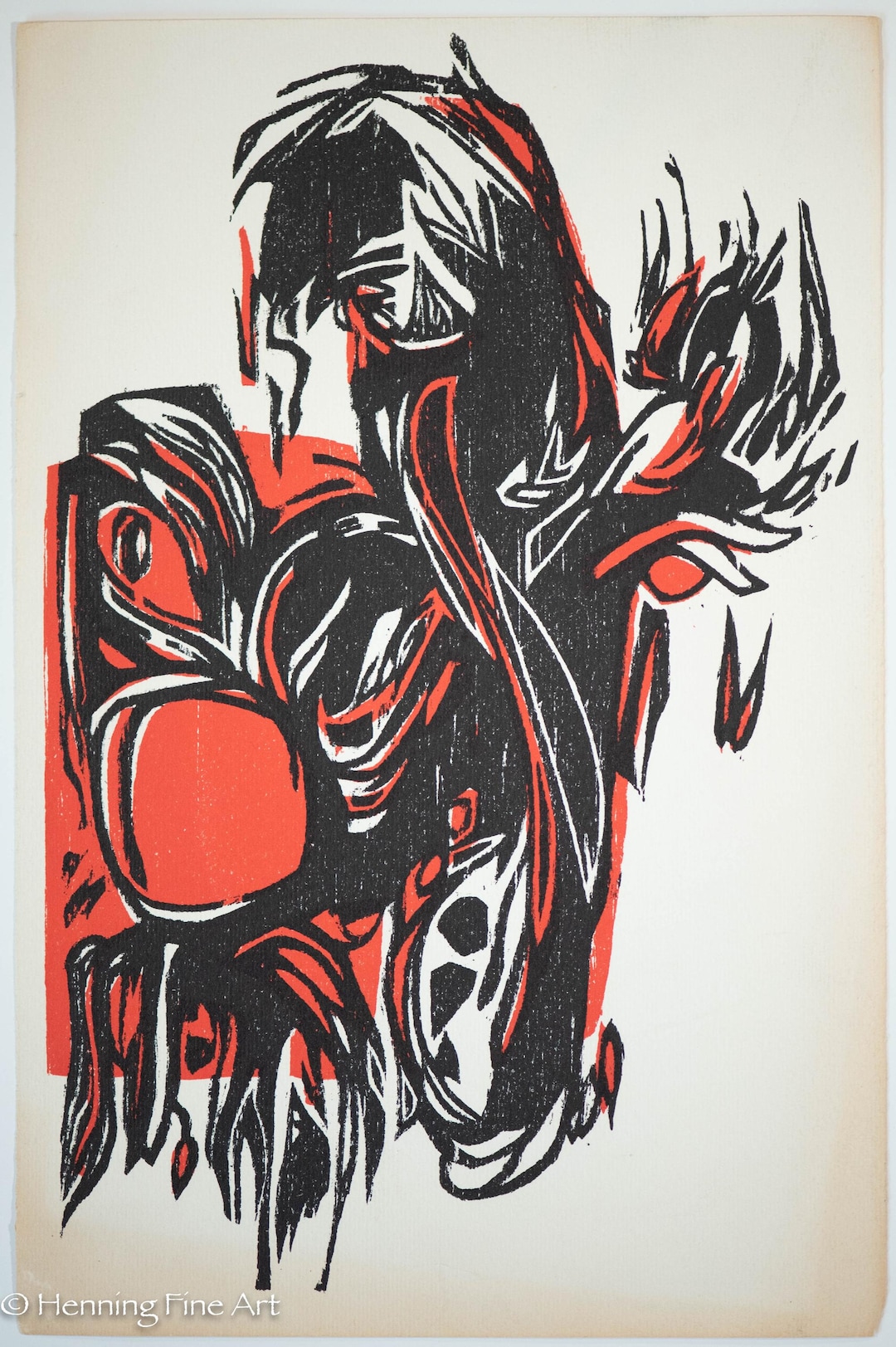 Vintage Red & Black Abstract Woodcut - Etsy