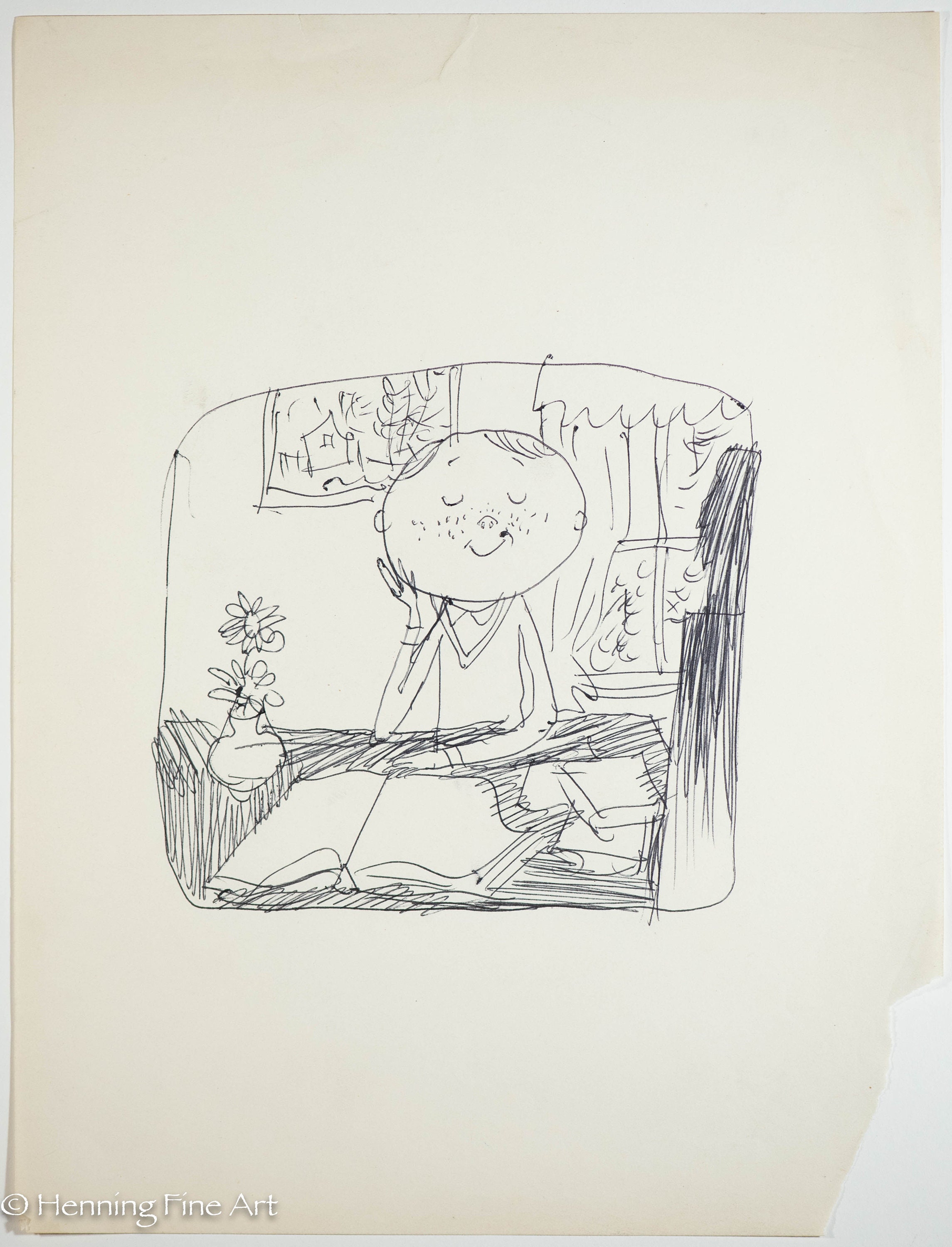 Vintage Illustration Cartoon Drawing Man Reading Unsigned From Nice ...