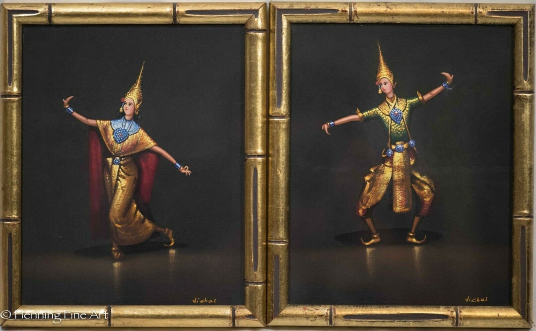 Vintage Indonesian Paintings of Traditional Dancer, Set of Two Signed ...