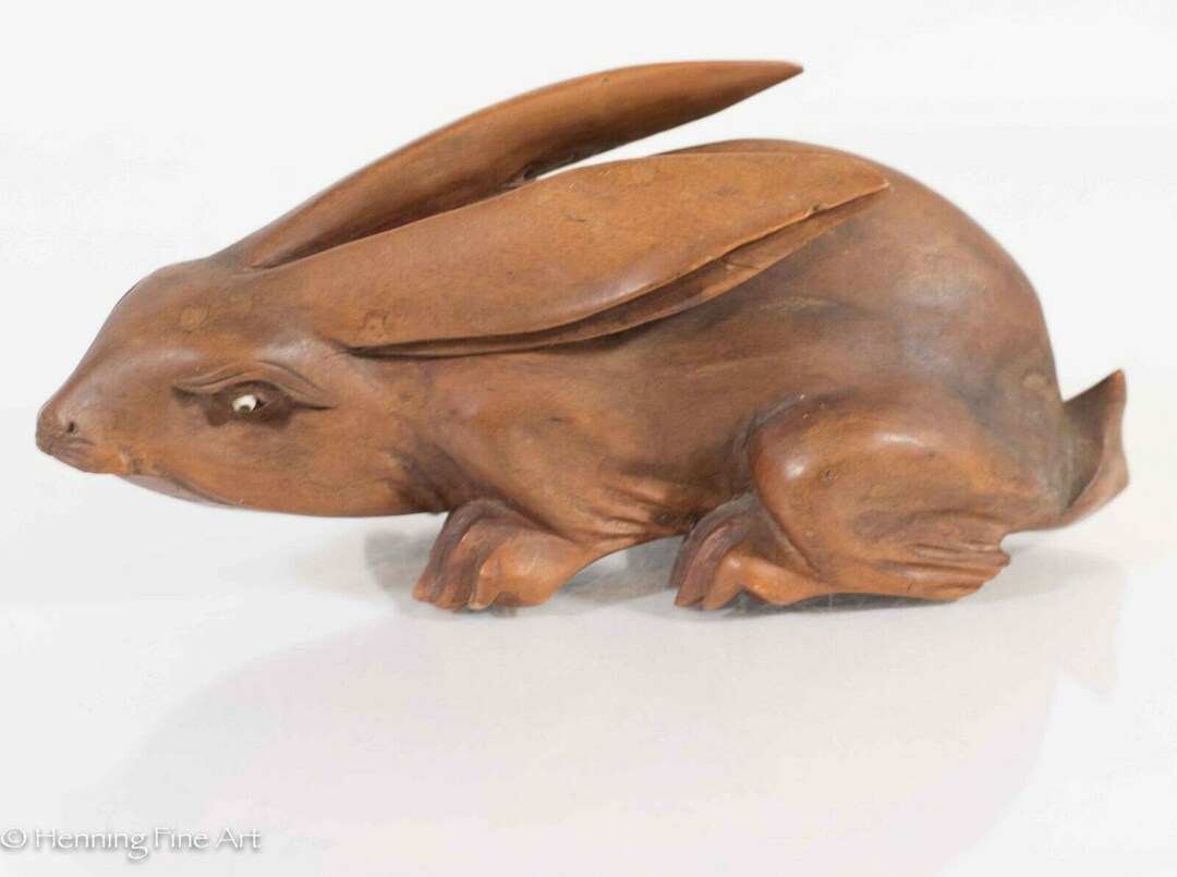 Antique Japanese Hare Carving, Large Wood Rabbit W/ Glass Eye, Unsigned ...