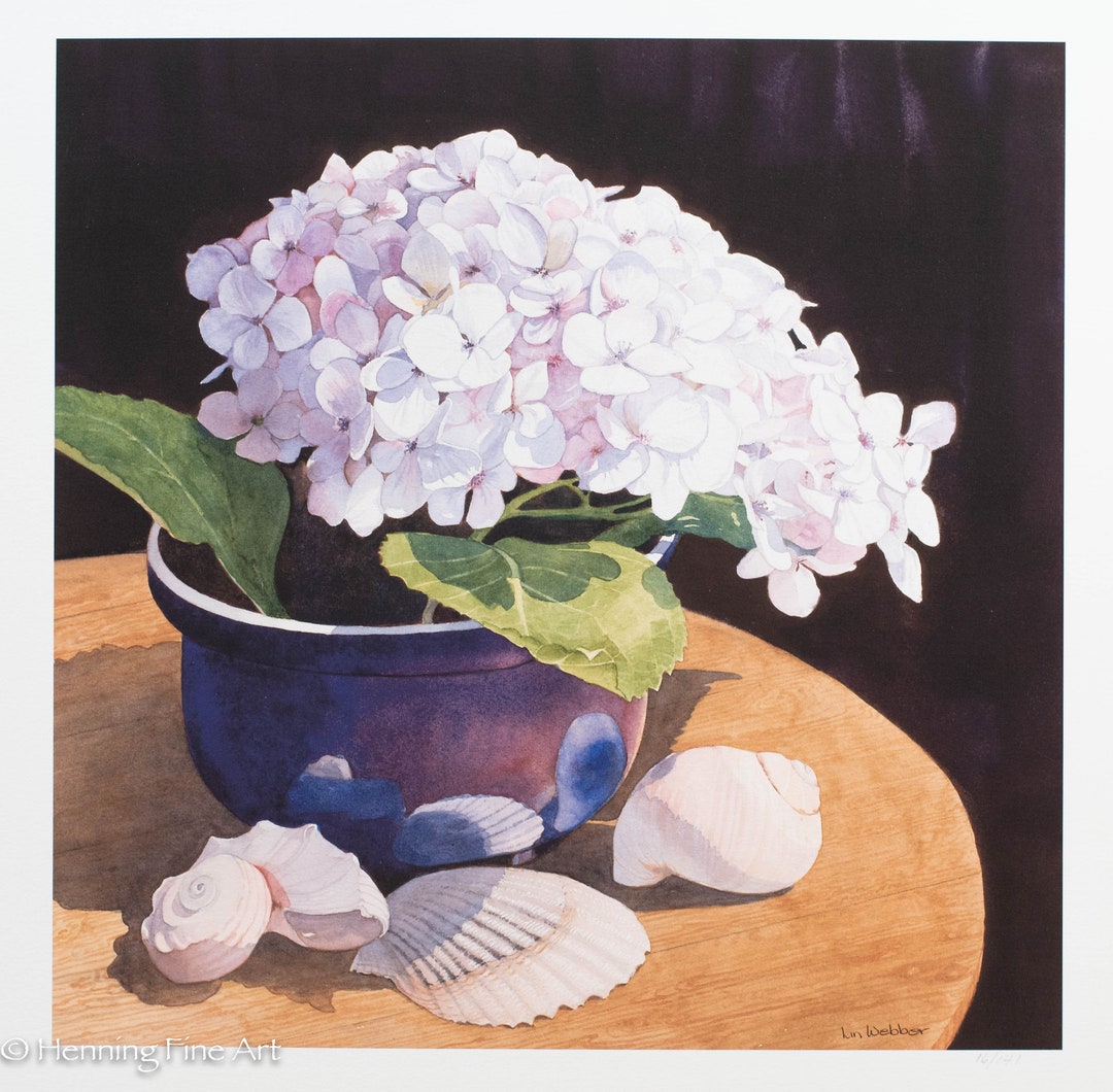 Beautiful Purple Floral Still Life With Seashells by Lin Webber Signed ...