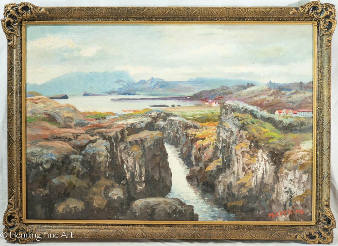 Vintage Icelandic Landscape Oil Painting Thingvellir National Park ...