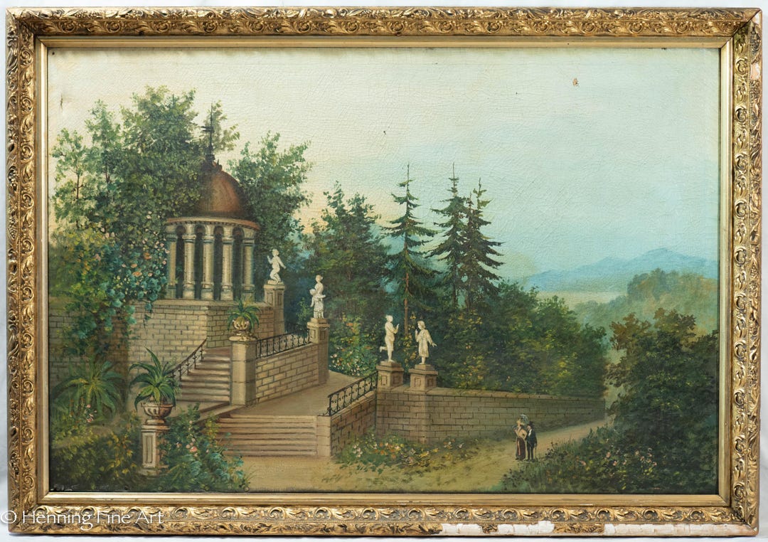 Beautiful Antique Oil Painting Landscape Garden With Domed Temple ...