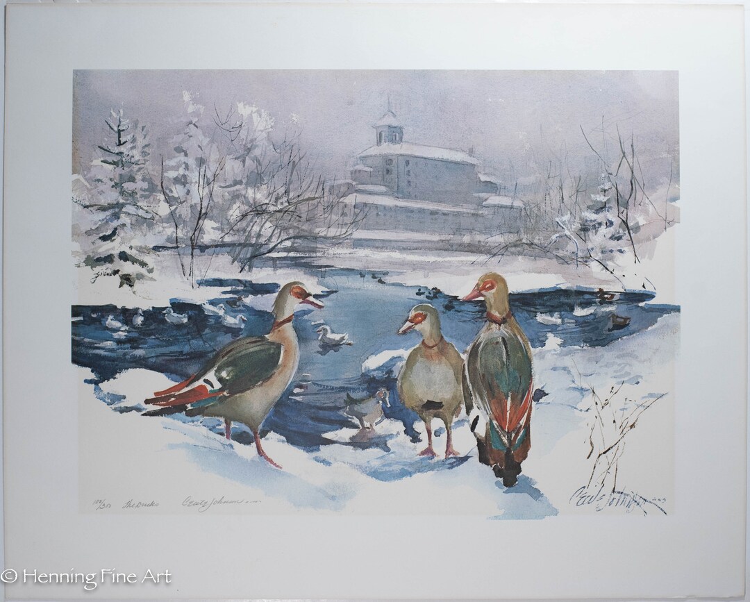 Beautiful Vintage Lithographs of Ducks in Winter Landscape by Cecil ...