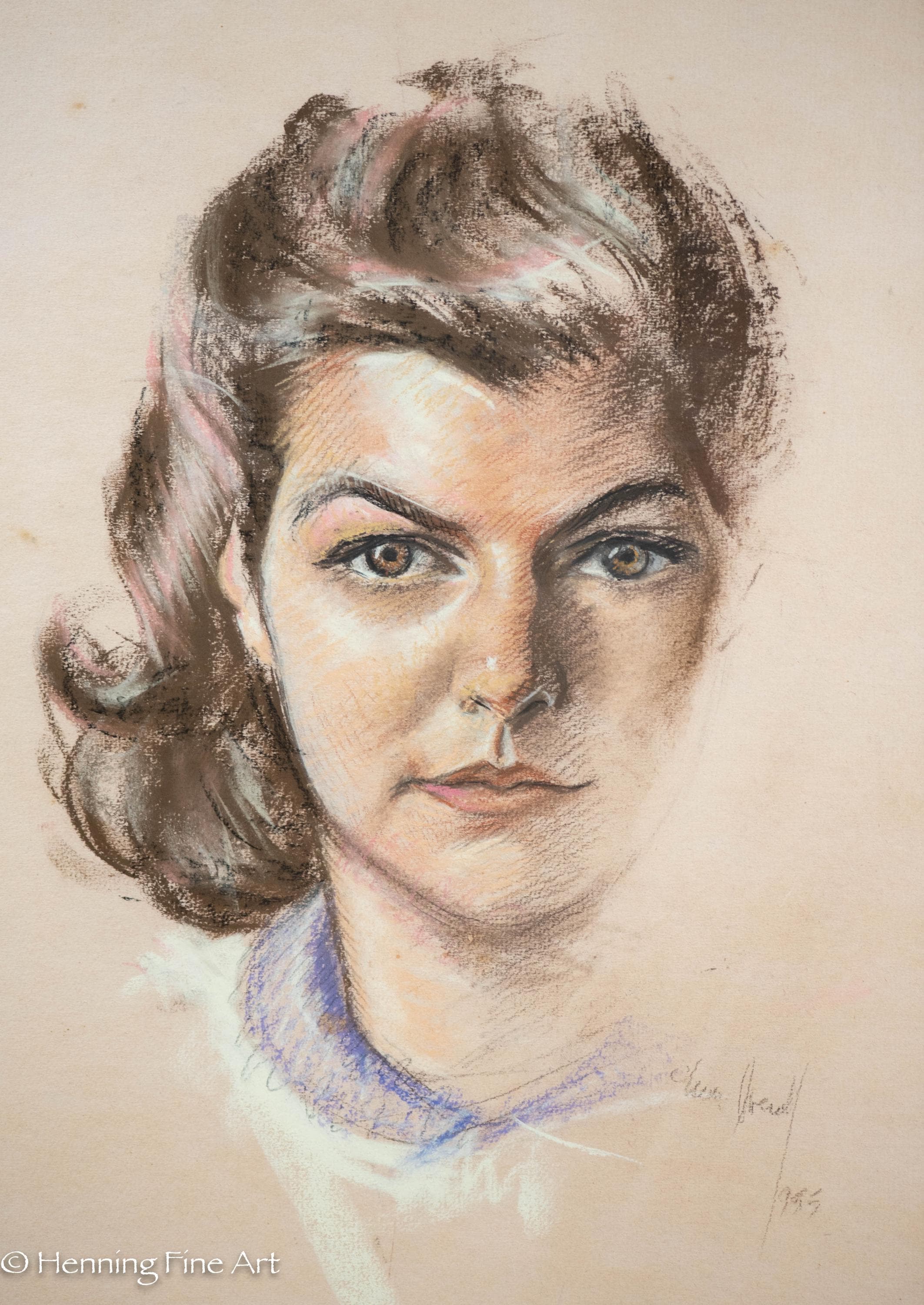 Stunning Mid Century Female Portrait Pastel, Illegibly Signed 1955 ...