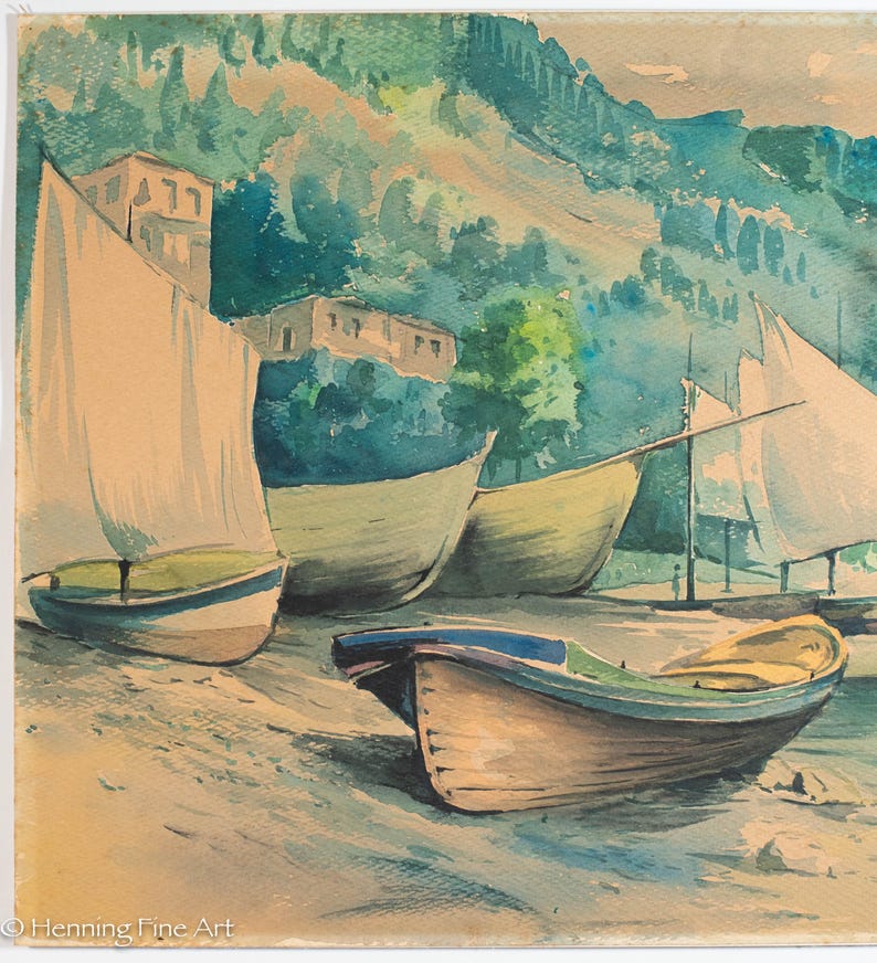 Antique Watercolor Painting of European Coastal Landscape W/ Boats ...