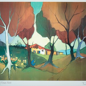 Beautiful Itzchak Tarkay Landscape Red Roof With Trees and Flowers ...