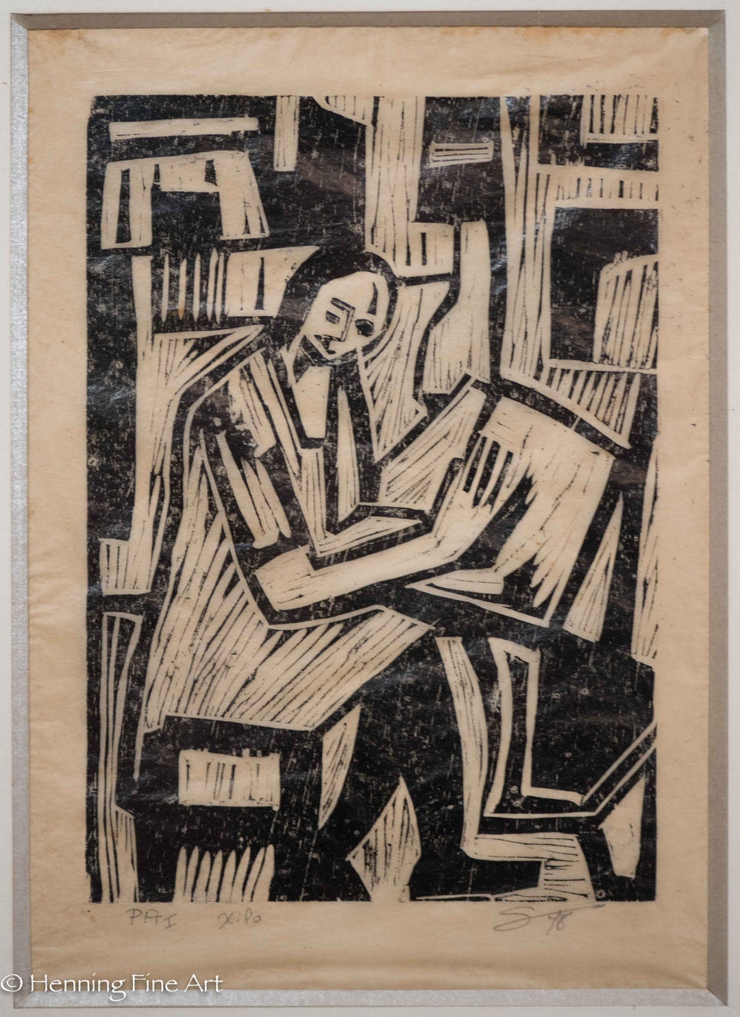 Excellent Mid Century Linocut Print Showing Reading Figure Illegibly ...
