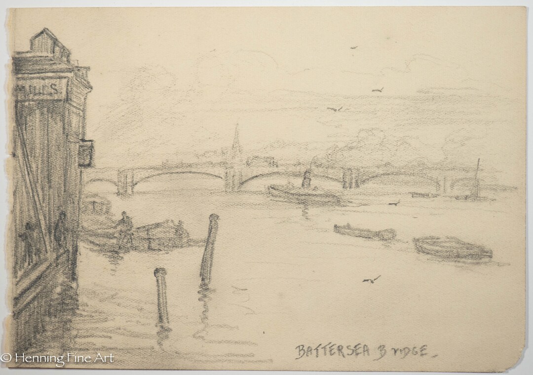 Beautiful Antique English Pencil Drawing Battersea Bridge, London Arch ...