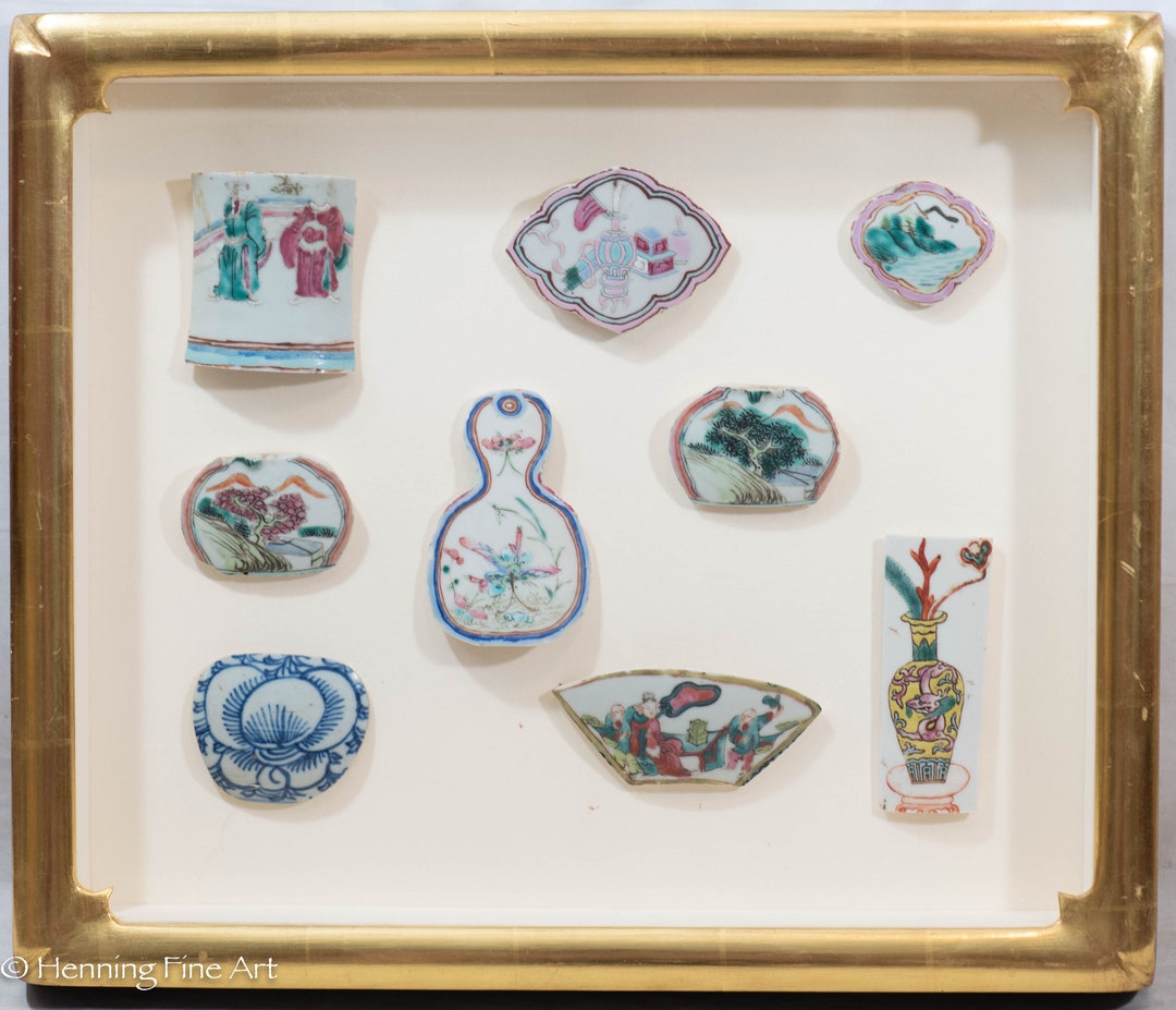 Beautiful Framed Antique Chinese Porcelain Fragment Collage Shadow Box ...