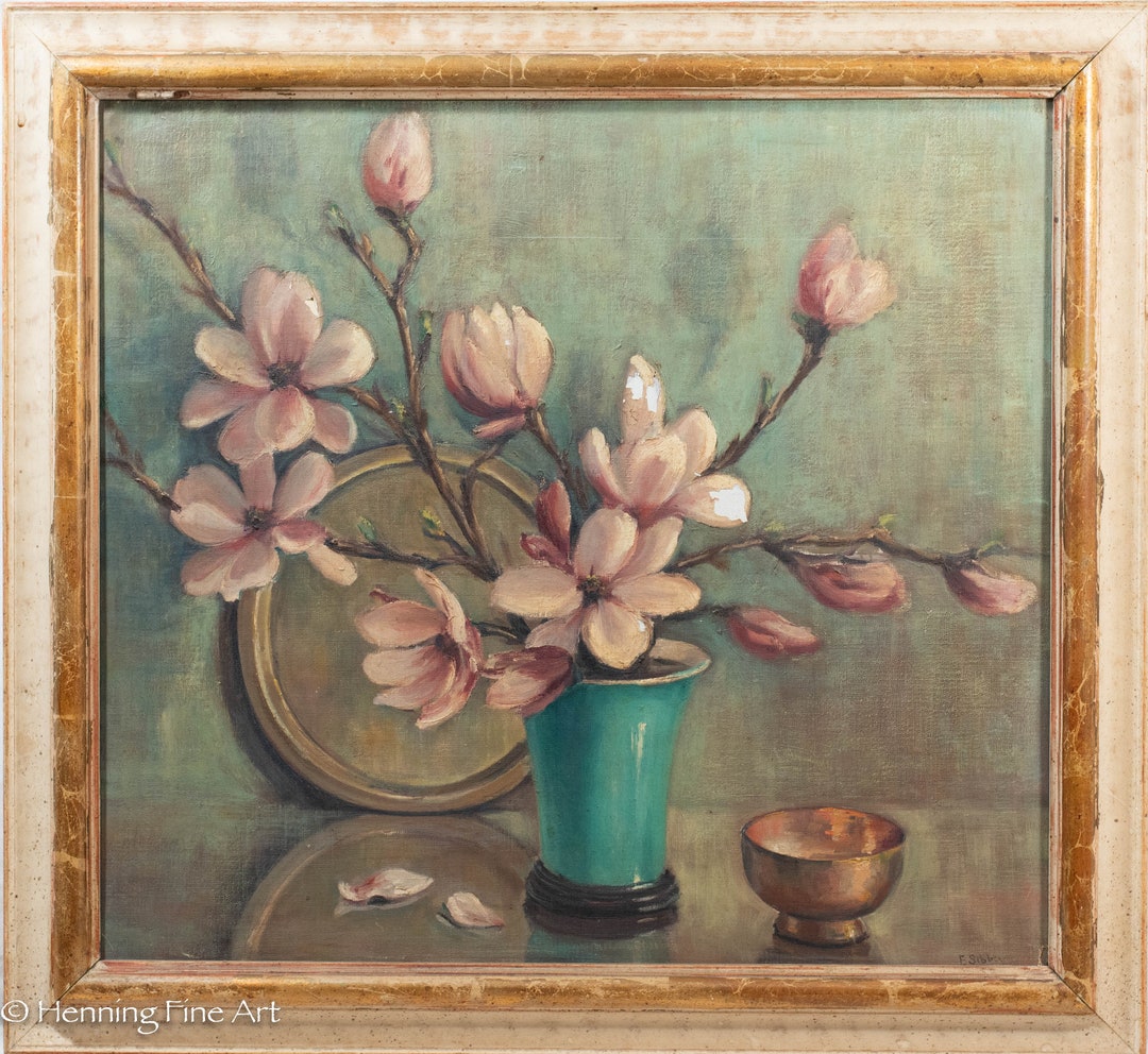 Beautiful Edith Sibley Oil Painting Pink Magnolia Floral Still Life ...