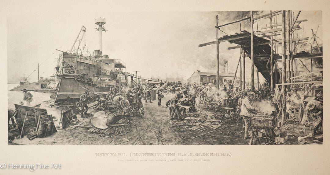 Rare Antique Photogravure Navy Yard Constructing HMS Oldenburg German ...