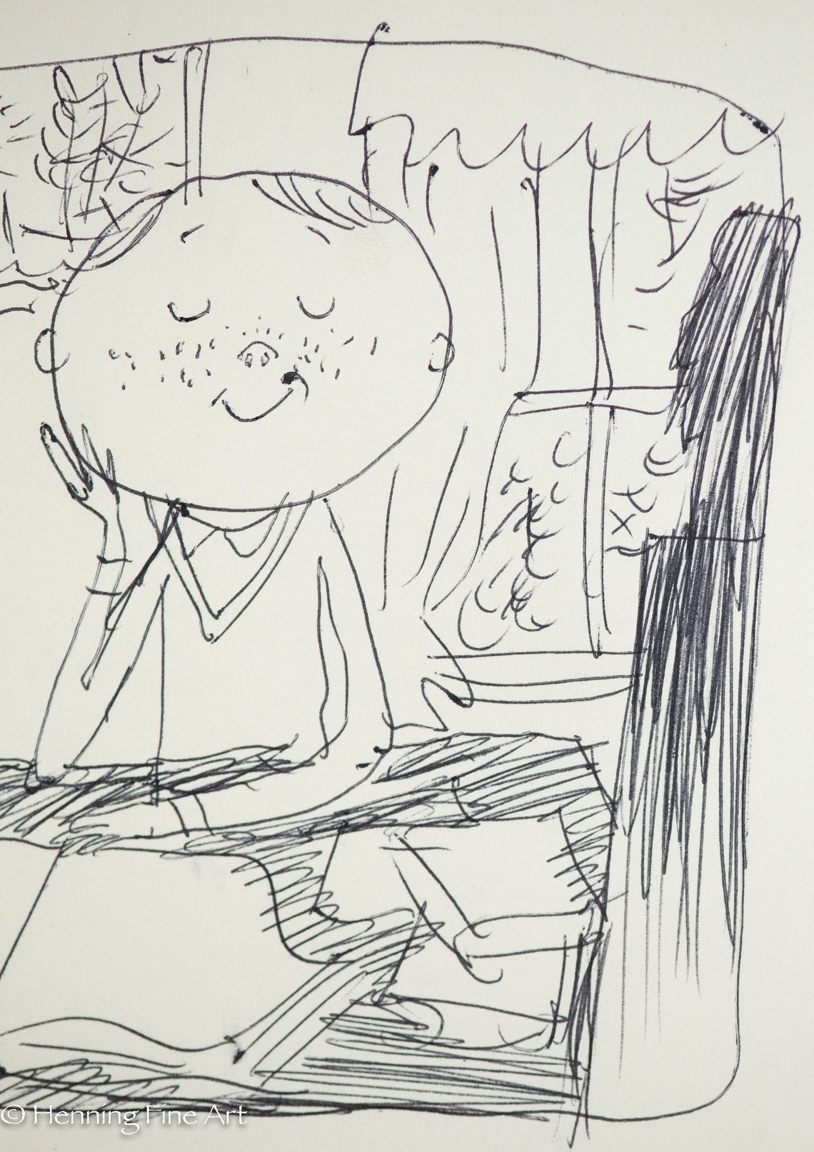 Vintage Illustration Cartoon Drawing Man Reading Unsigned From Nice ...