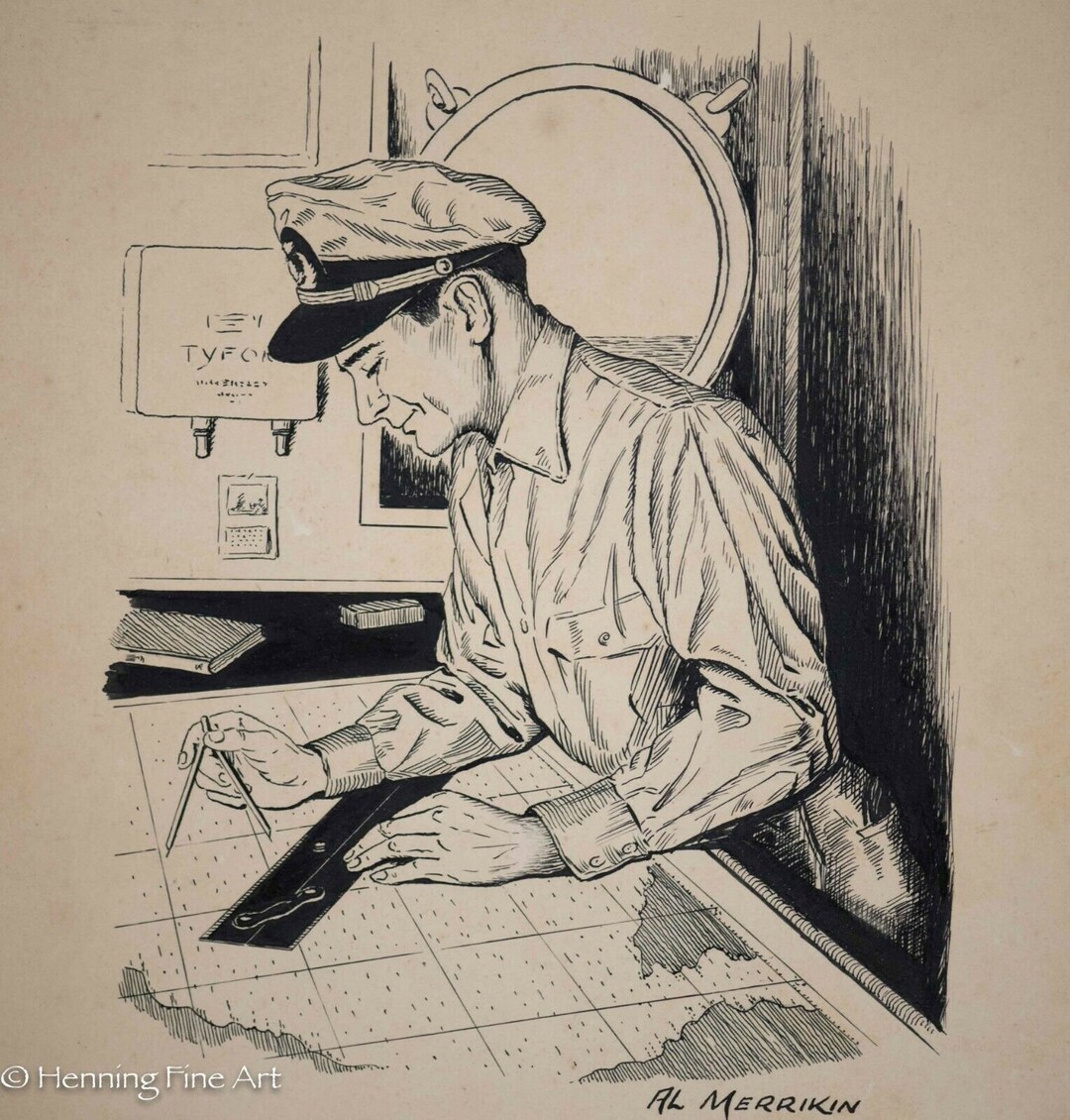 Beautiful Original WW2 Illustration Drawing of Naval Officer With Map ...