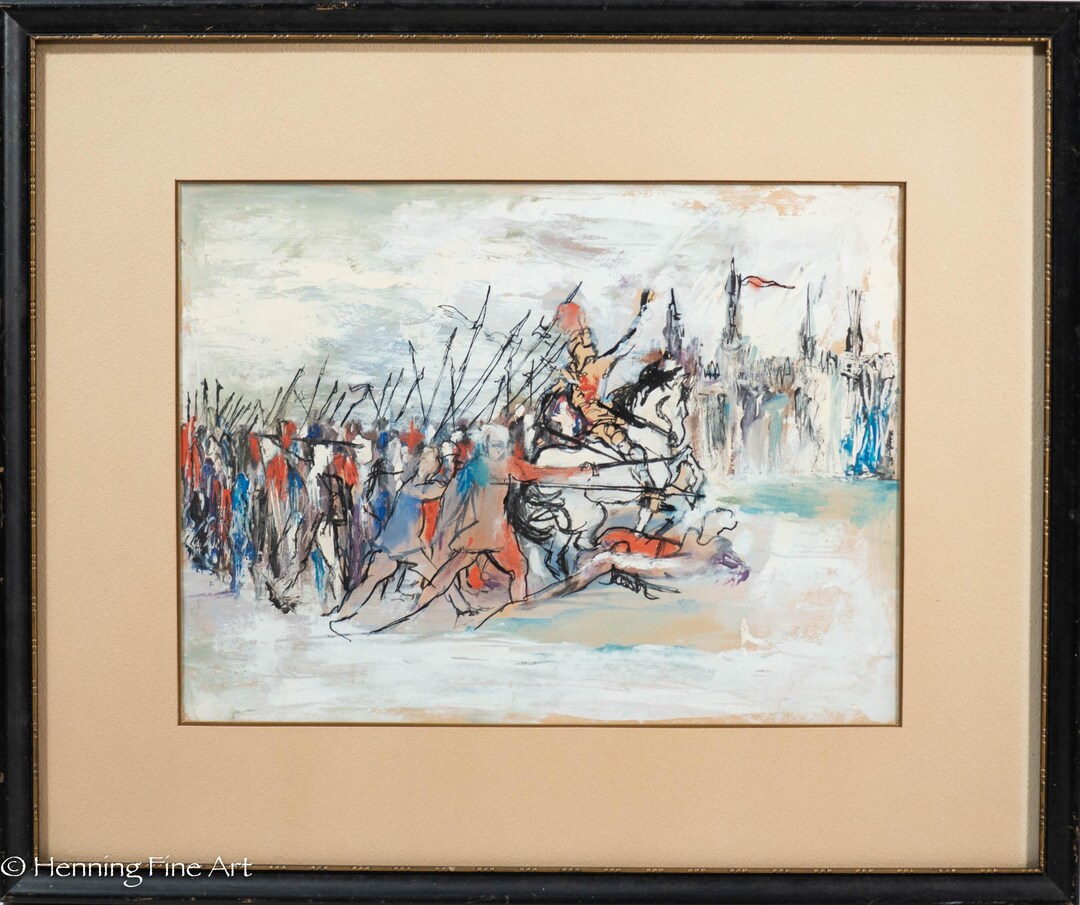 Stunning Mid Century Modern Expressionist Oil Painting of Charging Army ...