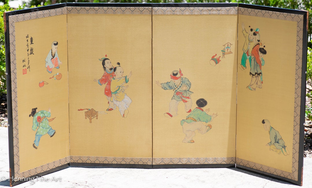 Beautiful Vintage Hand Painted Asian Screen of Children Playing, Signed ...