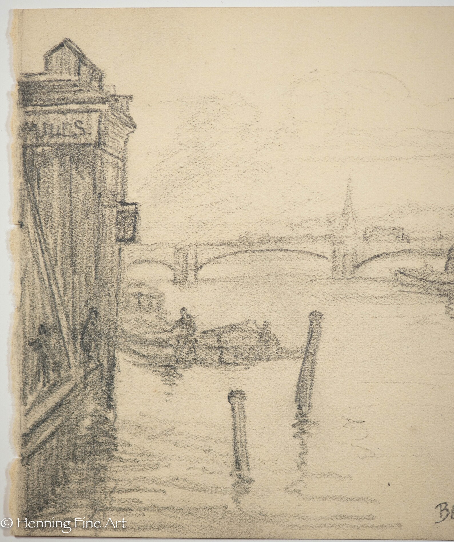 Beautiful Antique English Pencil Drawing Battersea Bridge, London Arch ...