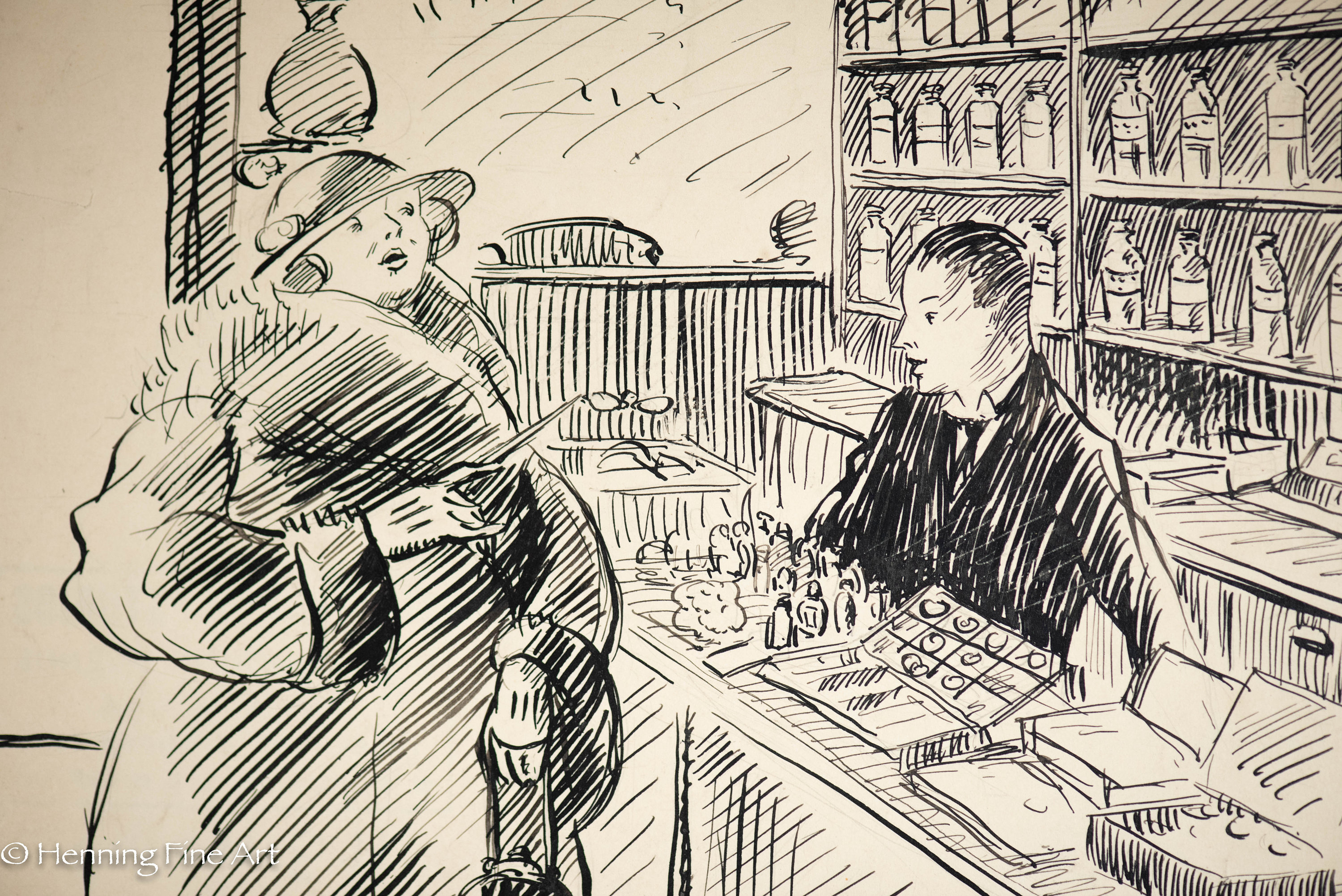 Antique Illustration Cartoon Ink Drawing General Store Pharmacy ...