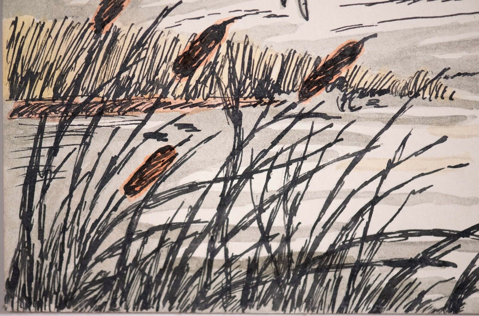 Vintage Ink Drawing of Three Ducks Flying Over Lake W/ Cat - Etsy