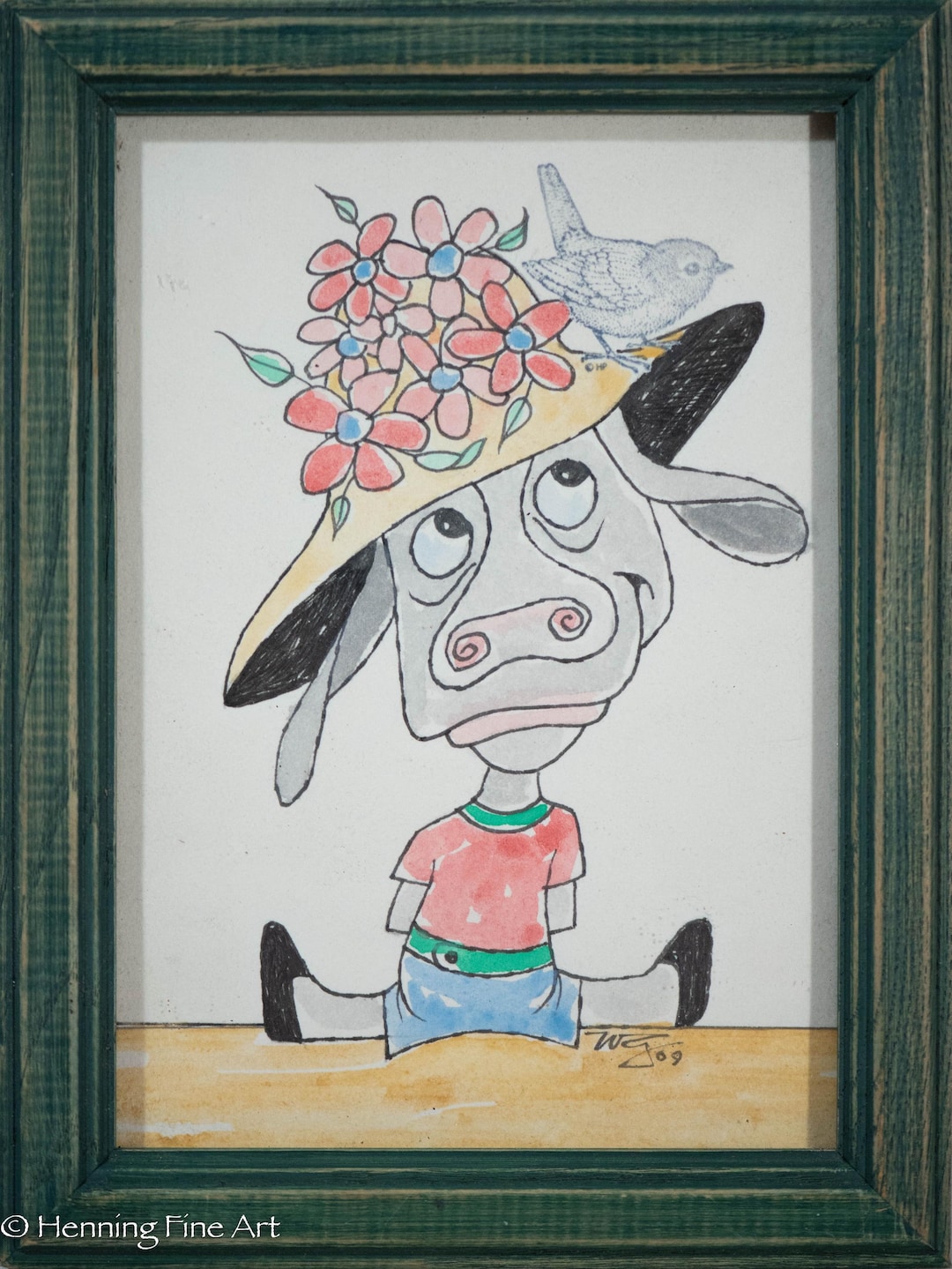 Beautiful Vintage Willis Goldsmith Watercolor Painting Cow and Bluebird ...