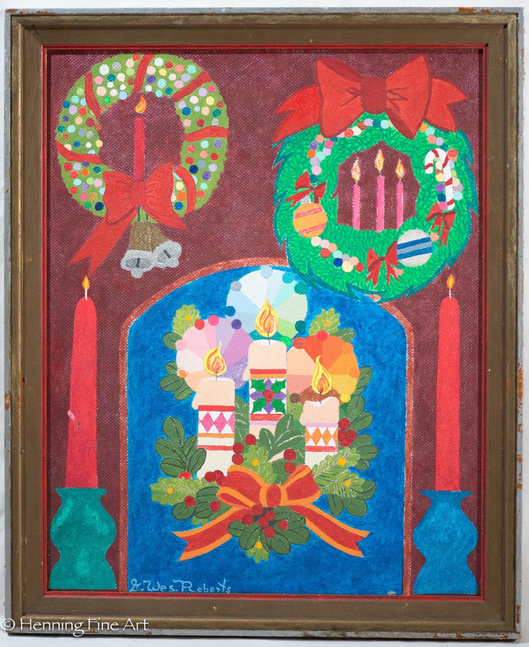 Vintage Christmas Colorful Folk Art Oil Painting by S. Wes Roberts Rare ...